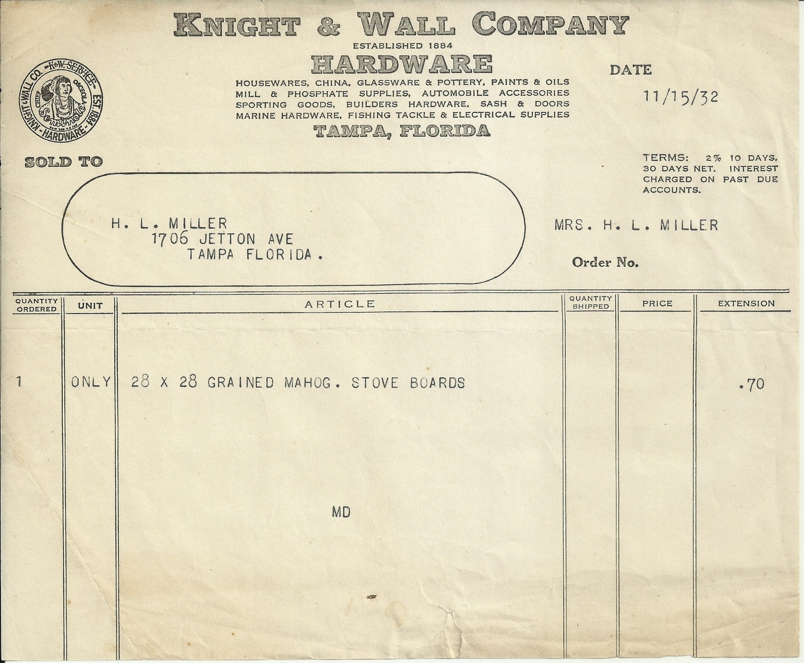 OLD VINTAGE KNIGHT & WALL COMPANY HARDWARE TAMPA FLORIDA 1932 INVOICE ...