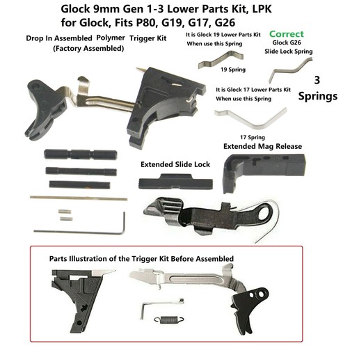 9 mm Gen 1-3 Lower Parts Kit, LPK Fits Glock P80, G19, G17, G26 With 26 ...