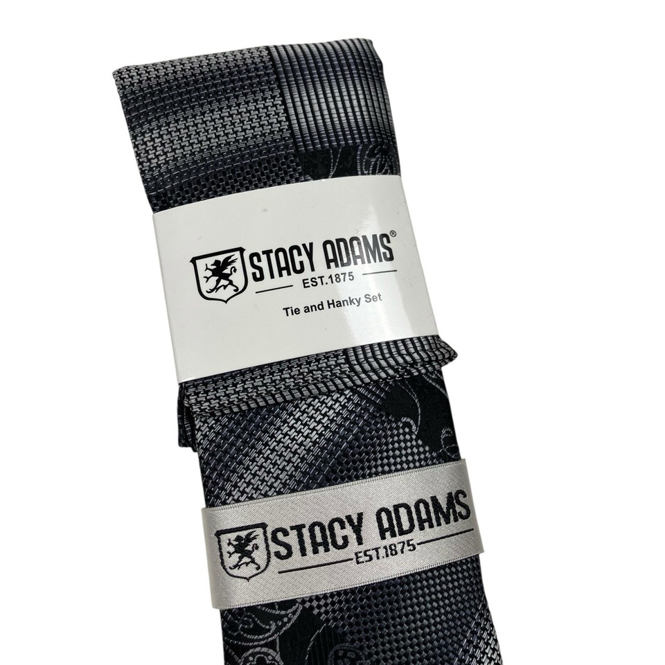 NWT Stacy Adams Lot of 7 Tie and Hankey Sets Black & Gray Paisley Check ...
