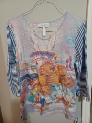 Ellen Negley Art & Sol Watercolor Live Crab Print Shirt Top M L | eBay