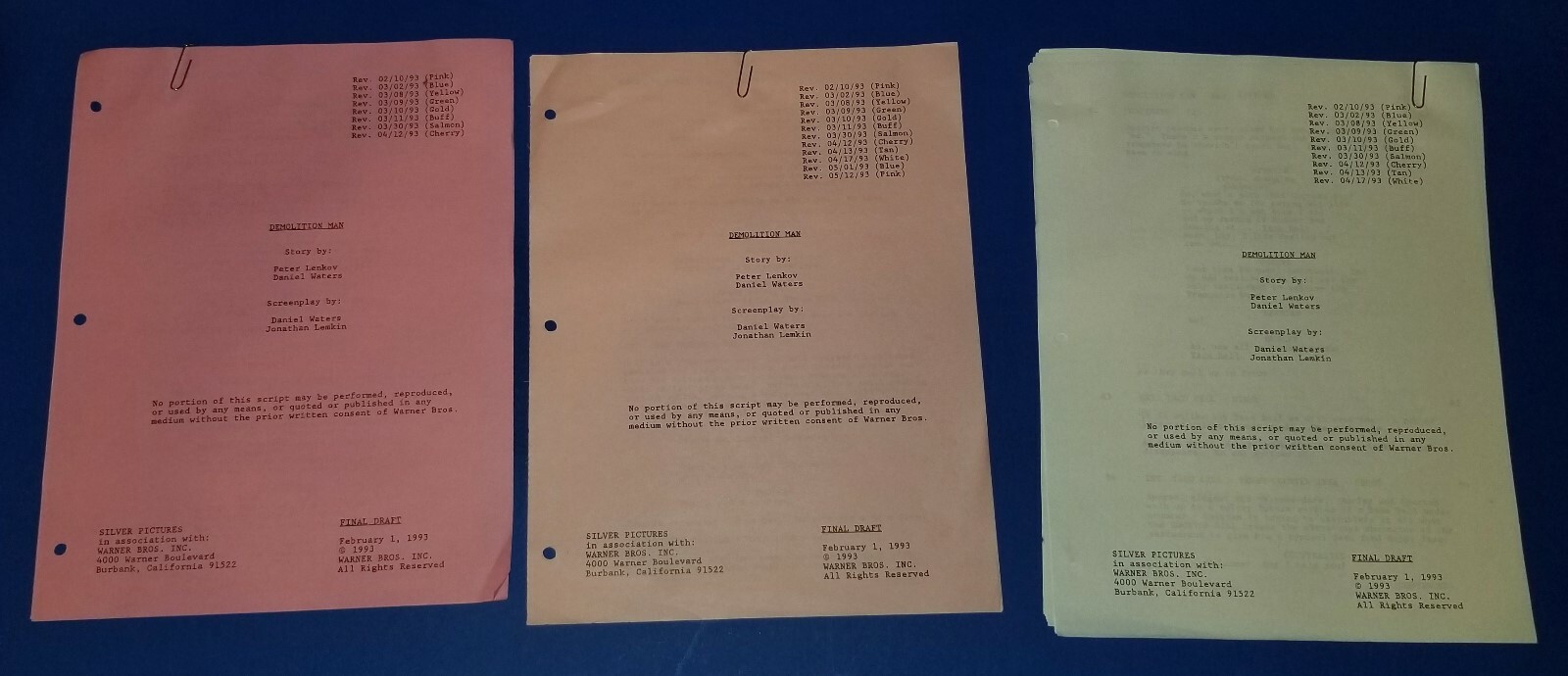 DEMOLITION MAN 1993 original script revisions SYLVESTER STALLONE SNIPES ...