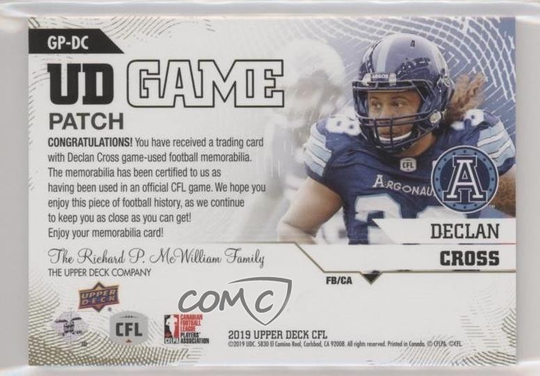 2019 Upper Deck CFL UD Game Jerseys Patch /25 Declan Cross #GP-DC Patch ...