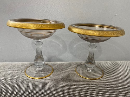 Vintage Antique Etched Gold Rim Glass Pair of Compote Pedestal Bowls | eBay