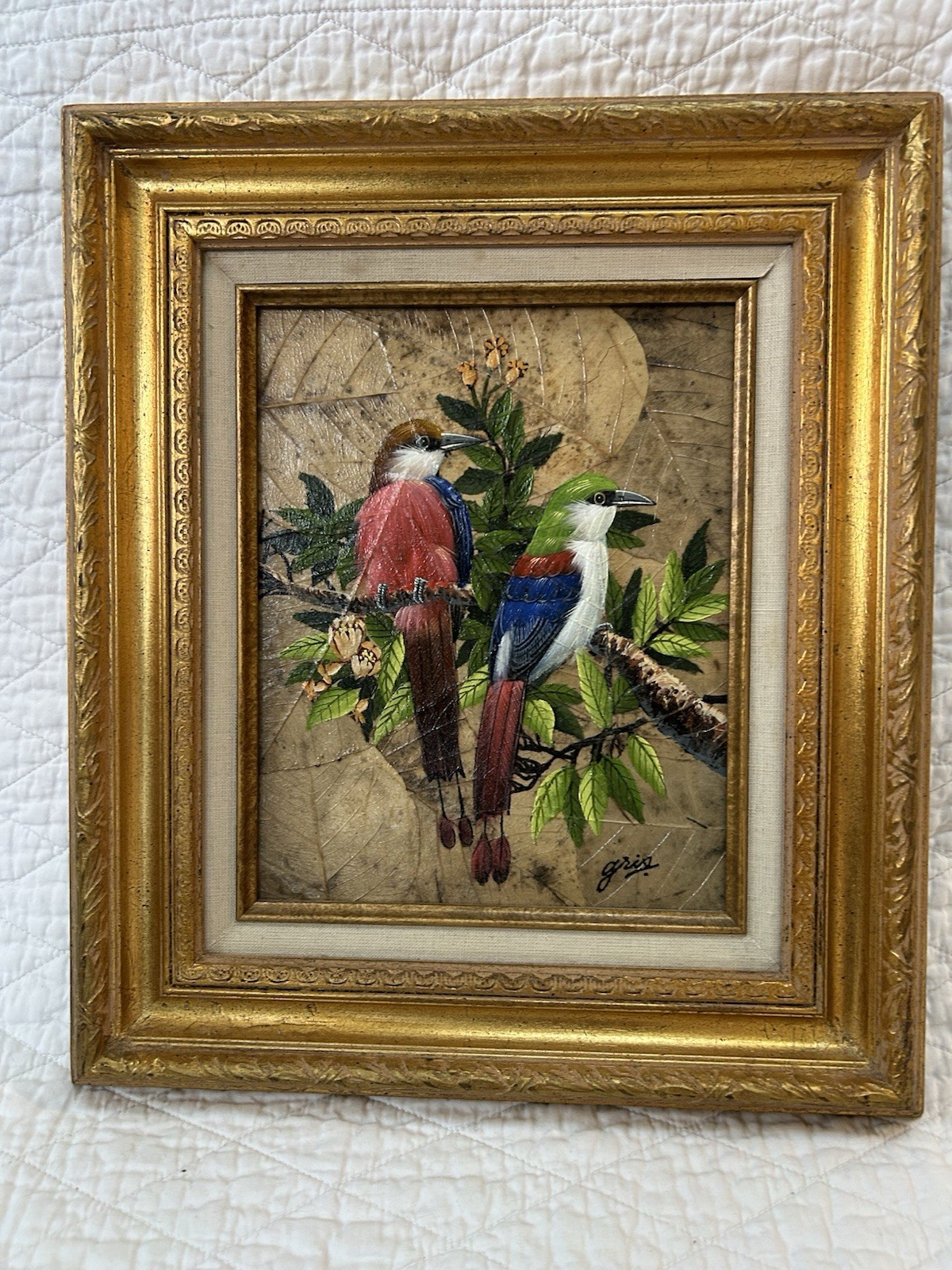 GRIS Oil Painting of Blue Birds Gold Ornate Framed Colors Signed ...