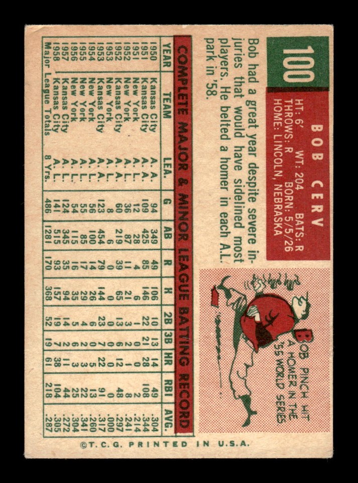 1959 Topps Baseball #100 Bob Cerv Very Good Kansas City Athletics | eBay
