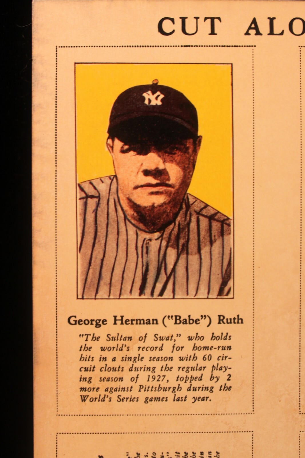 Babe Ruth 1928 Flo-Joy Ice Cream Baseball Card Promo Panel 1969 ...