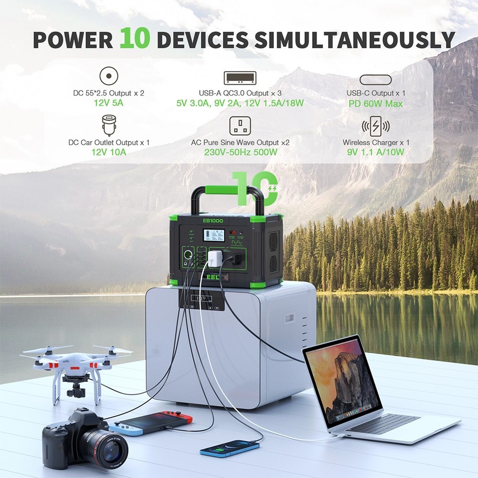 1000W/999Wh Portable Power Station Solar Generator Outdoor Camping ...