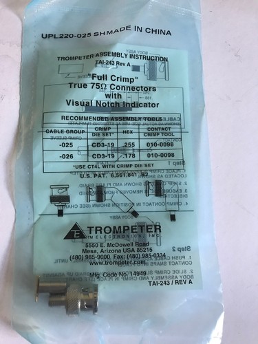 Trompeter Connector UPL220-025 SH Full Crimp True 75 Connector 5 Pack ...