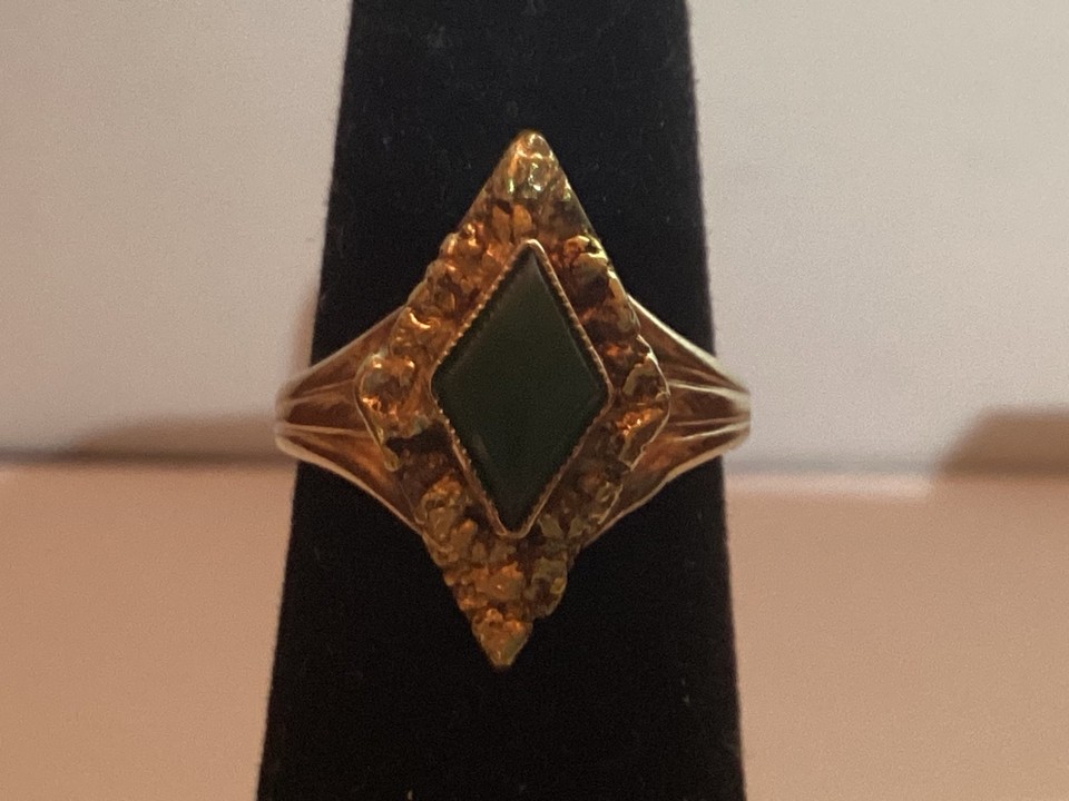 Vintage Alaska gold nuggets on 10k gold ring with Jade center signed MR ...