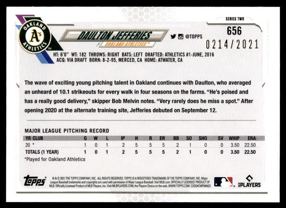2021 Topps Daulton Jefferies #656 Gold Parallel #'d /2021 RC Oakland ...