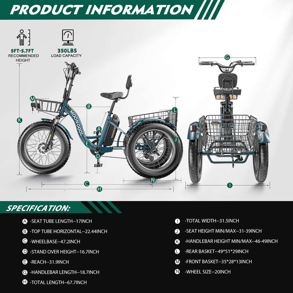 MOONCOOL Electric Tricycle for Adults, 20" x 4" Fat Tire Electric Trike ...