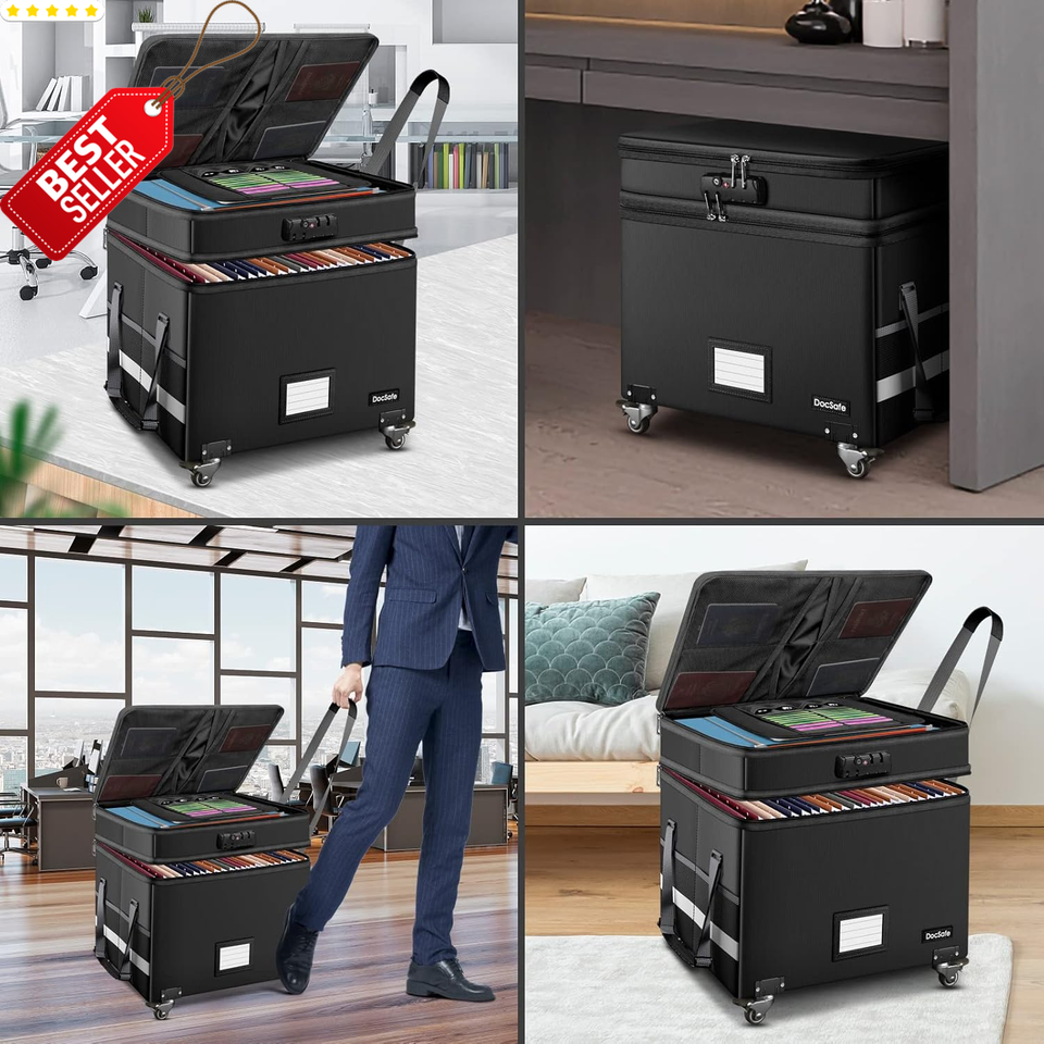Fireproof Document Box Lock 2 Layer File Storage with Wheels Black ...