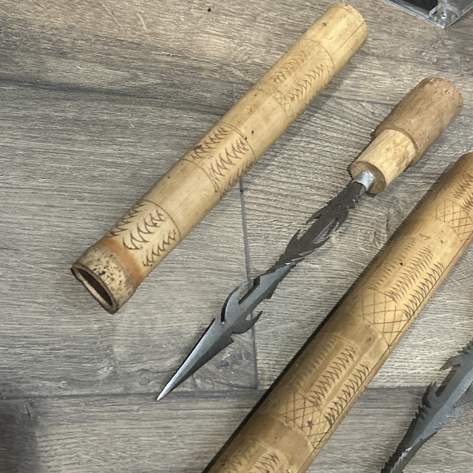 Vintage Native American Hand Forged Hand Spear Harpoon In Bamboo Tube ...
