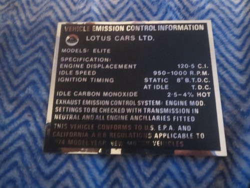 1974 LOTUS ELITE ENGINE EMISSIONS DECAL STICKER FOR ENGINE COMPARTMENT ...