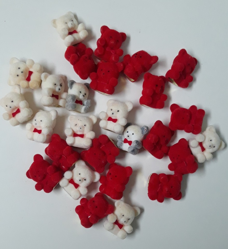 Miniature FLOCKED LOT Fuzzy 1" VTG Teddy Bears Craft Velour Red White ...