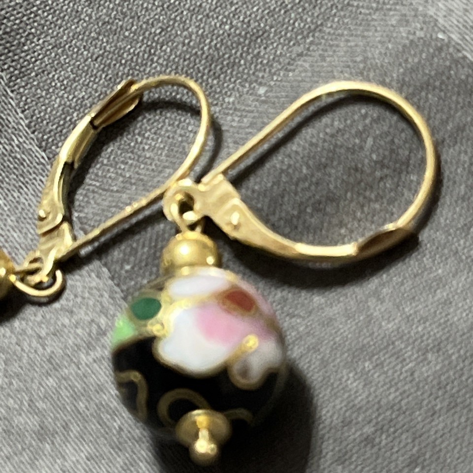 Vintage Estate 14K ZZ 585 Yellow Gold Dangle Cloisonne Ball Earrings ...