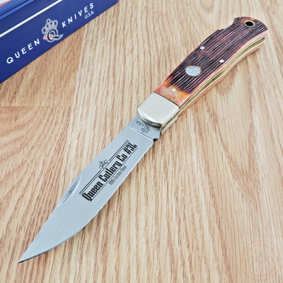 Queen Lockback Folding Knife 3.5"" 1095HC Steel Blade Amber Jigged Bone ...