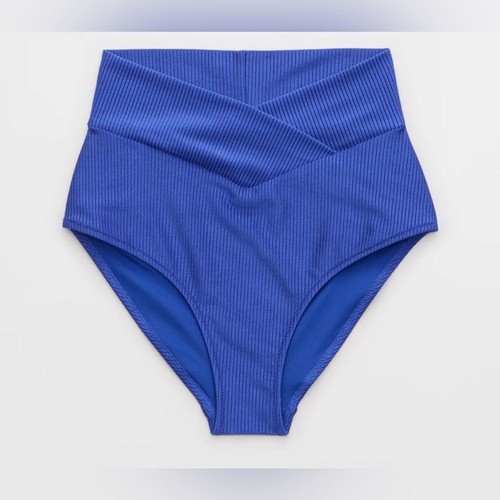 NWT Aerie Shine Rib Crossover Full Coverage High Waisted Bikini Bottom Blue - M | eBay