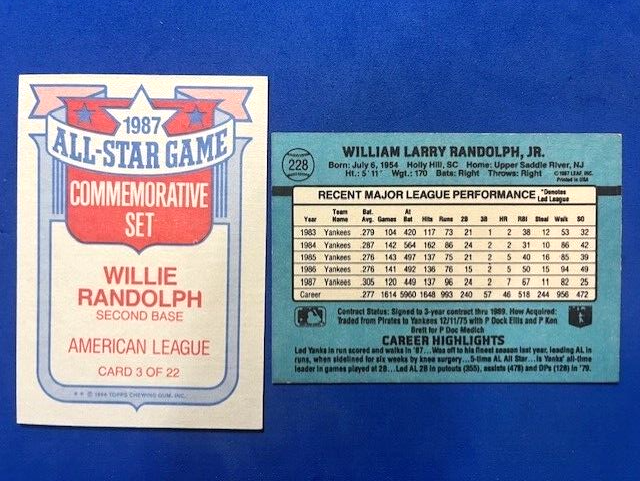 MLB - Willie Randolph 1988 Topps All Star Game & 1988 Donruss Baseball ...
