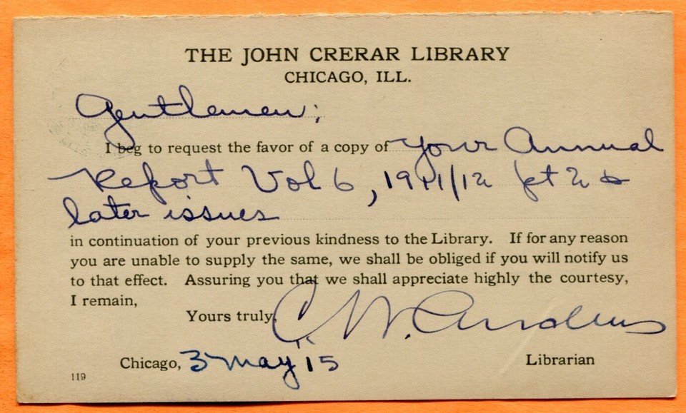Chicago, IL, John Crerar Library Request Postcard to Wis. Railroad ...