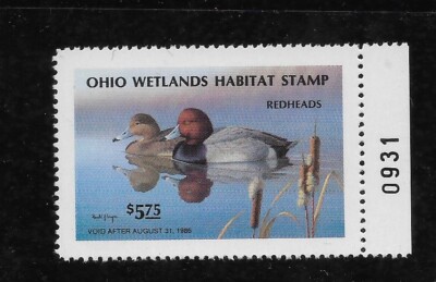 US Ohio Duck Stamp #4, $5.75 Redheads 1985 Wetlands Habitat Stamp w ...