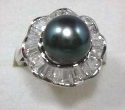 12mm Black South Sea shell pearl Gemstone Bead Jewelry ring size 7 8 9 ...