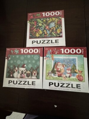 Lot of 3 LANG 1000 Piece Christmas Puzzles 29W x 20H Sealed Santa Dogs ...
