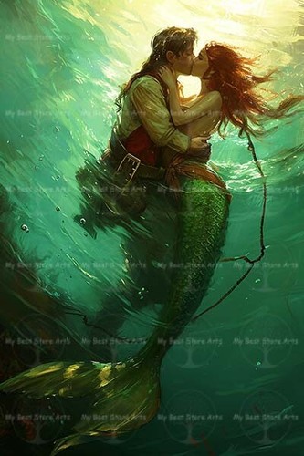 MERMAID'S KISS FINE ART PRINT, Wall Decor Poster, Siren and Pirate Love ...