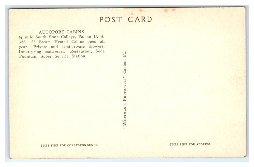 State Valley, PA Postcard - AUTOPORT CABINS 25 Steam Heated | eBay