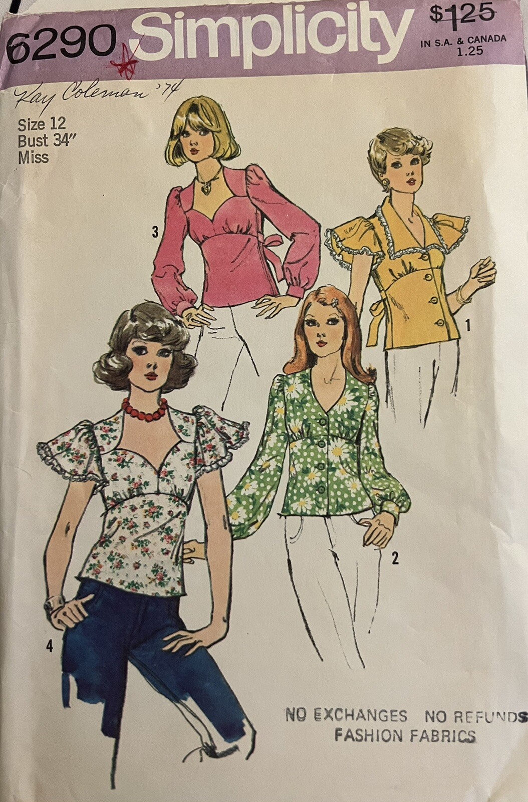 70s Simplicity 6290 Cottage Core Blouses 4 Var Misses Sz 12 Bust 34 FF ...