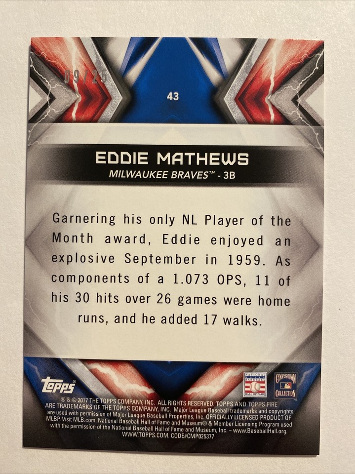 2017 Topps Fire Magenta #/25 Eddie Mathews #43 HOF SP | eBay