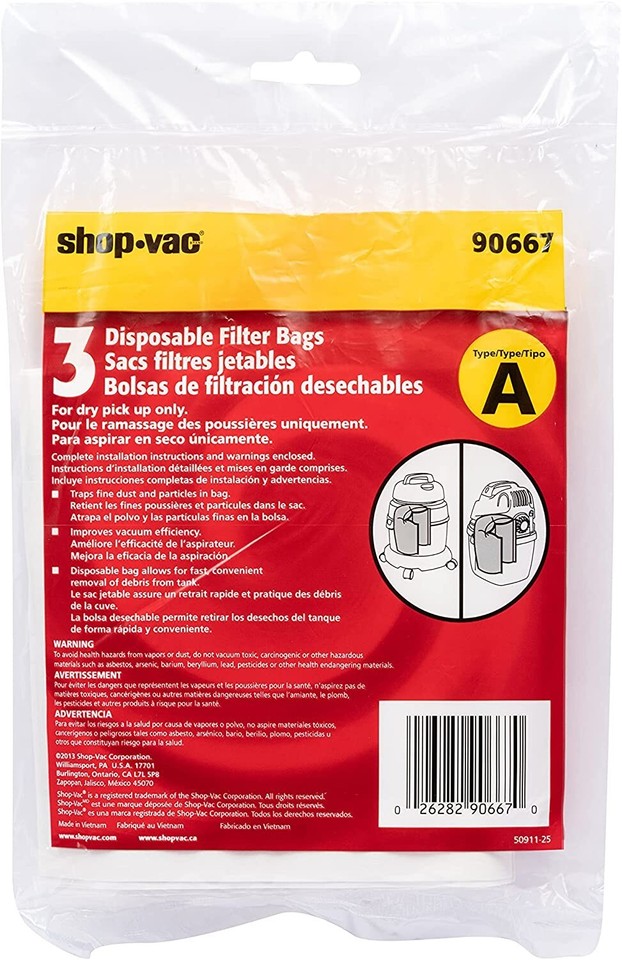Fits For Shop Vac Corporation 9066700 Paper Bag, Type A QAS60 1.5 ...