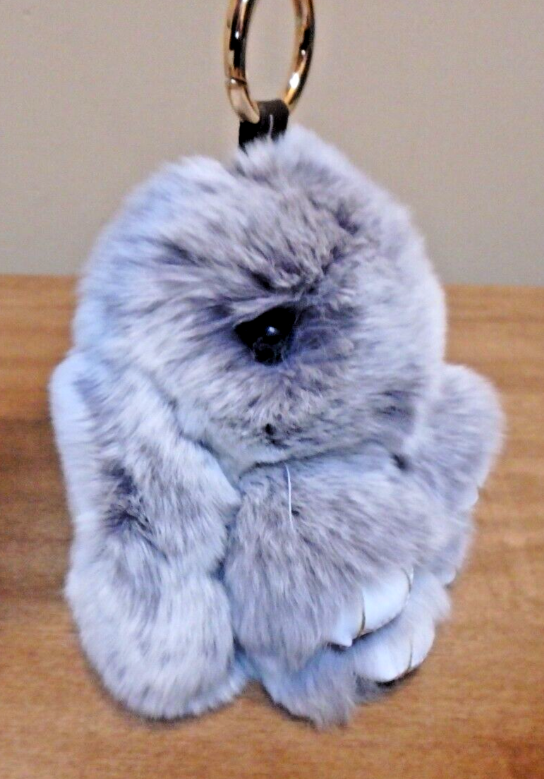 Large Bunny Keychain Frosted BlueGrey Soft Fluffy Real Rex Rabbit Fur ...