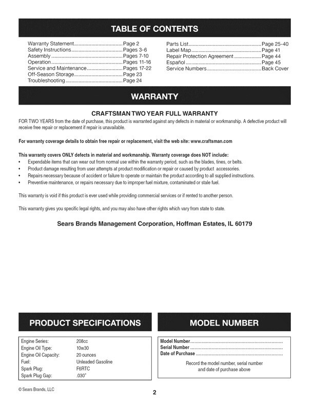 Owner’s Manual Sears Craftsman 208cc Engine Rear Tine Tiller - Model ...