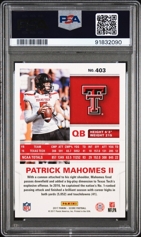 2017 PATRICK MAHOMES PSA 10 GEM MINT Panini Score ROOKIE Card # 403 ...