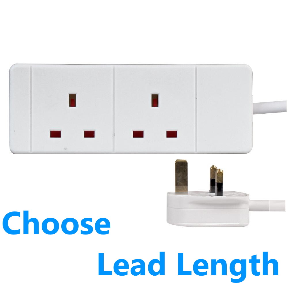 2 Way Extension Lead Two Gang Trailing Plug Socket - Electric White ...