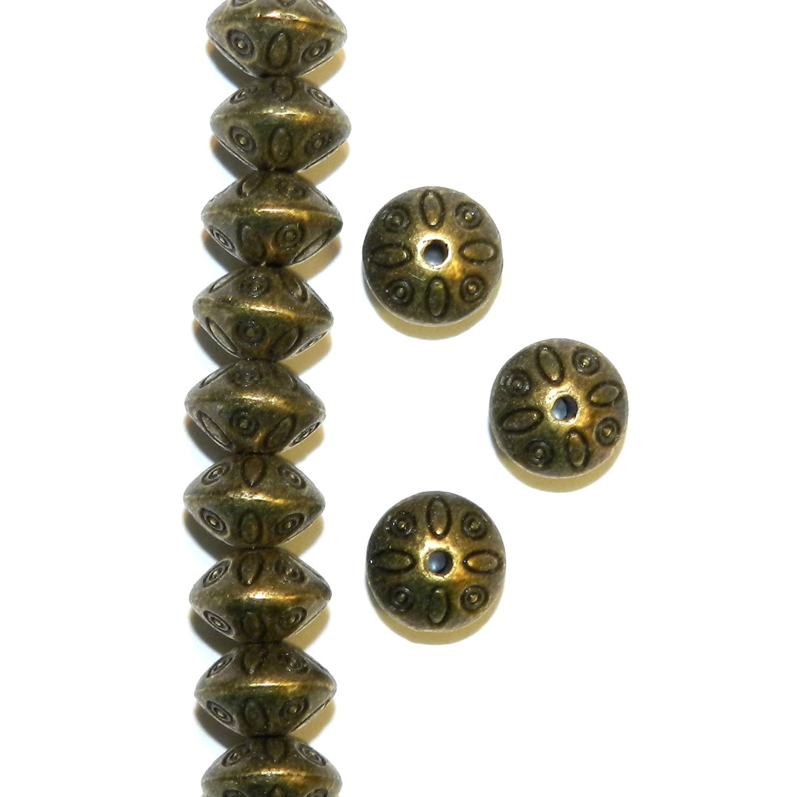MBL944 Antiqued Bronze 9mm Bicone Rondelle w Flower Design Metal Beads ...