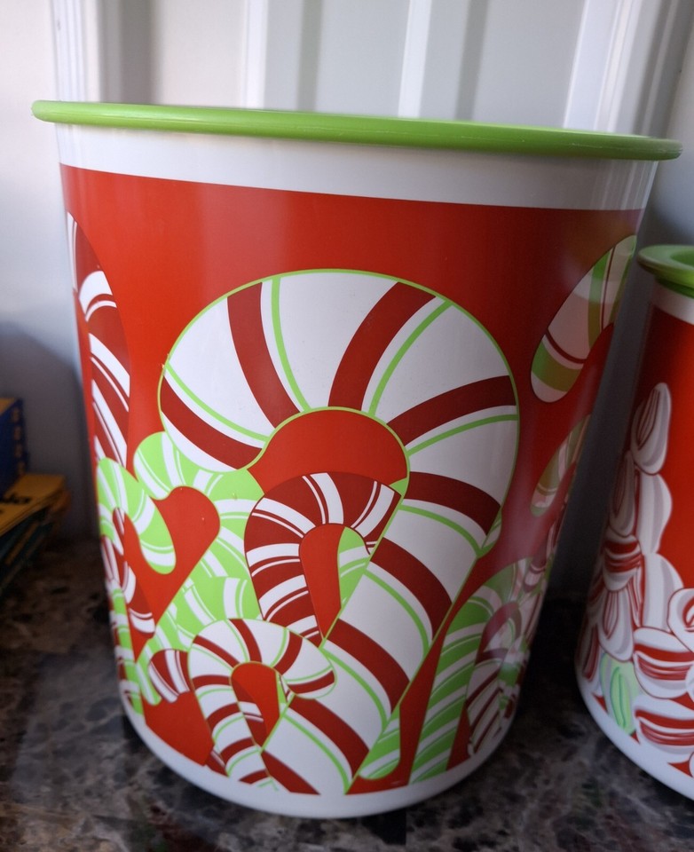 Tupperware Christmas Canisters Set 3 Holiday Candy Cane Design Topper ...