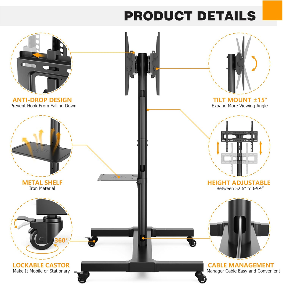 Rolling/Mobile TV Cart with Wheels for 32 to 55 Inch LCD LED 4K Flat ...