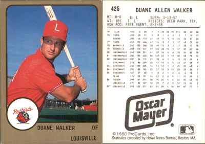 Duane Walker 1988 ProCards #425 RC Card *AutographDen* Louisville ...