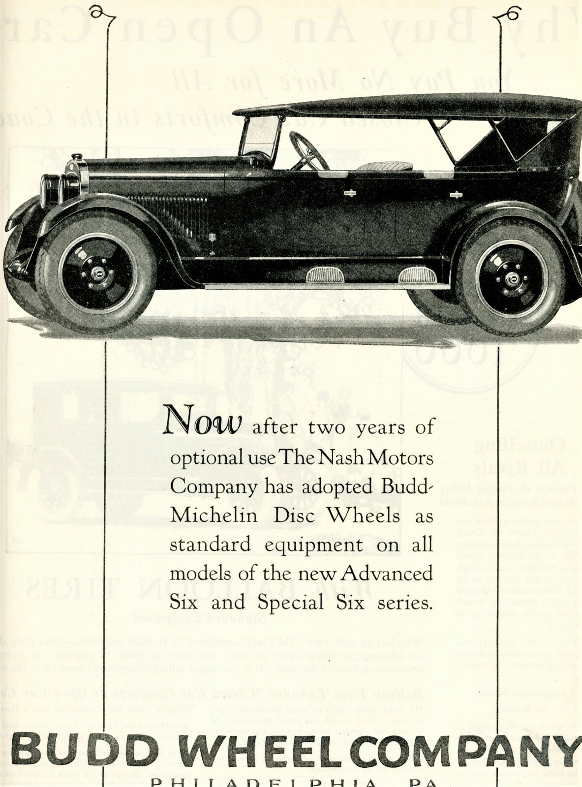 1924 Original BUDD-MICHELIN Wheels Ad. Lg ILLUSTRATION of NASH SIX Disk ...