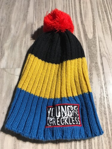 🎩Young And Reckless Stitched Knit Pom Beanie Pull-On Skull Cap Yellow ...