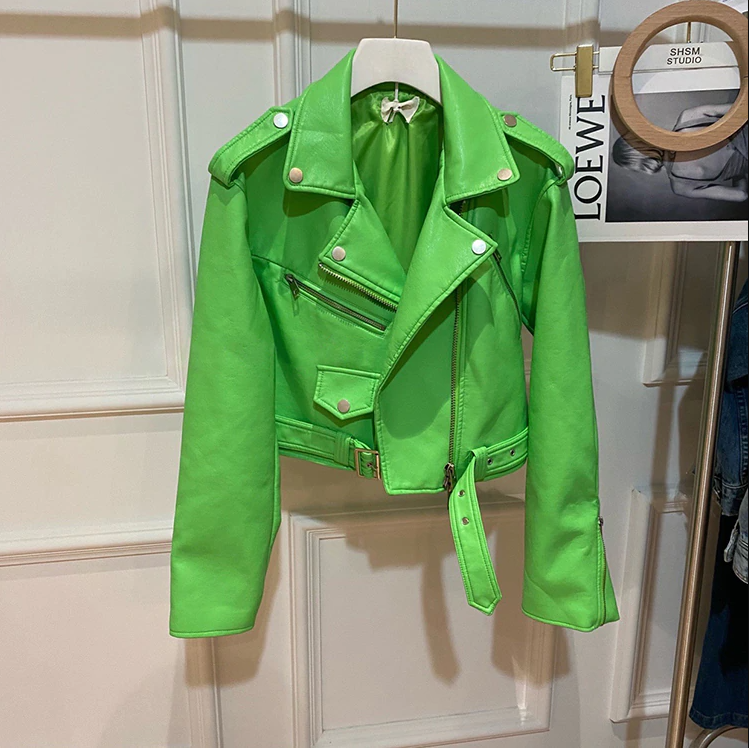 Neon Green Faux Leather Stylish Biker Jacket Streetwear Motorcycle Zip ...