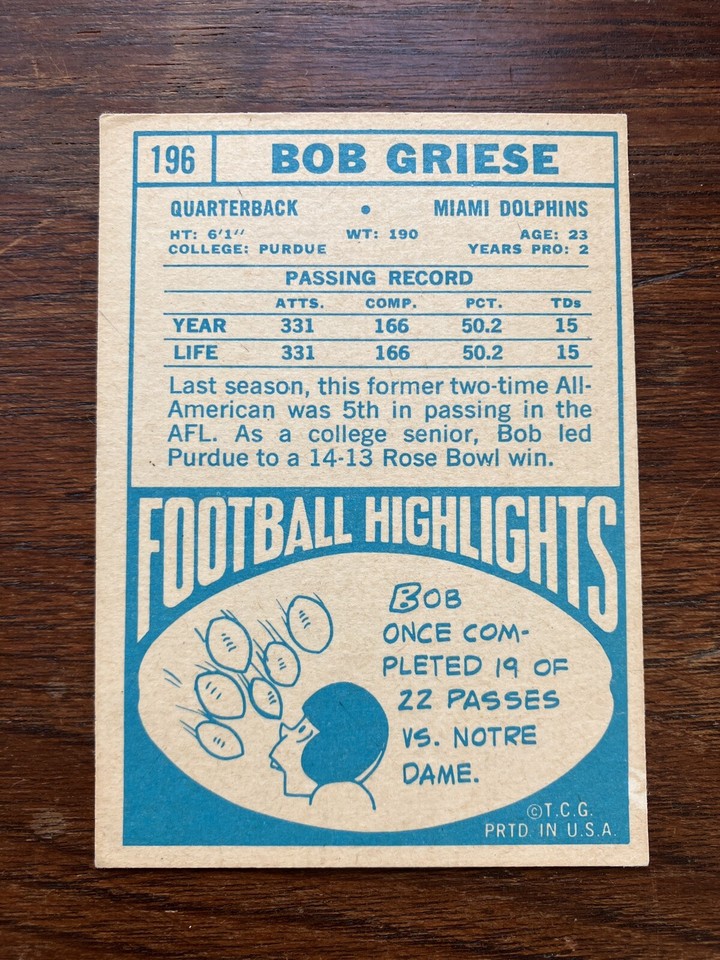 1968 Topps # 196 Bob Griese RC Rookie Miami Dolphins FB Card 17-0 No ...