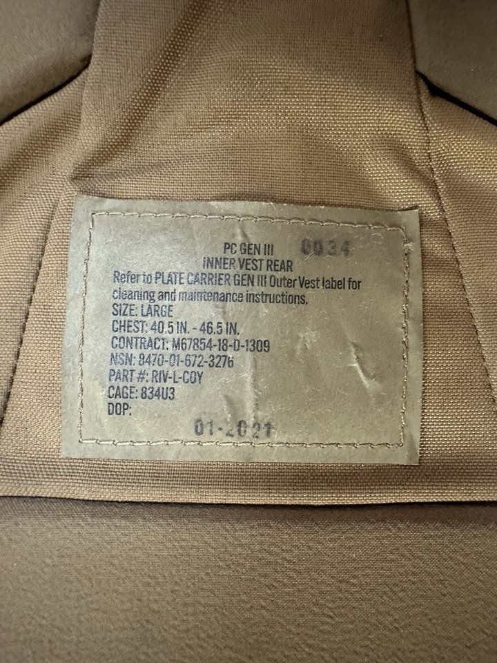 USMC Plate Carrier Inner Vest Rear Panel Soft Armor 8415-01-672-3276 ...