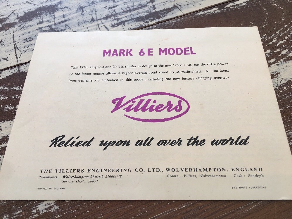 Villiers moteur 197 cc Mark 6E moto prospectus brochure catalogue ...
