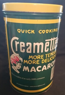 Creamettes Macaroni Tin Tea Storage Green Yellow 2lb Replica Of Early ...