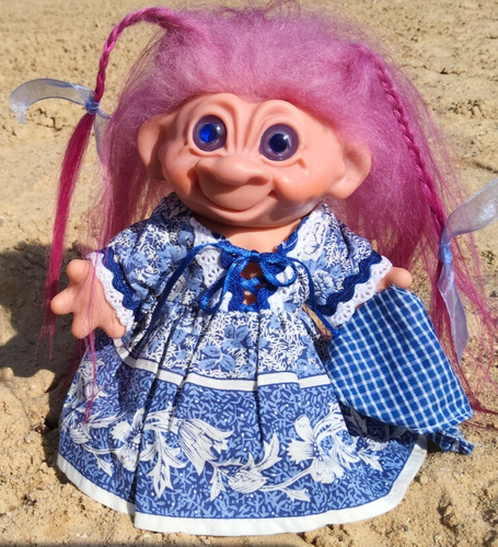 TROLL CLOTHES DRESS FOR DAM 60s DOLL LG 7" Blue & White Delft, Lace ...