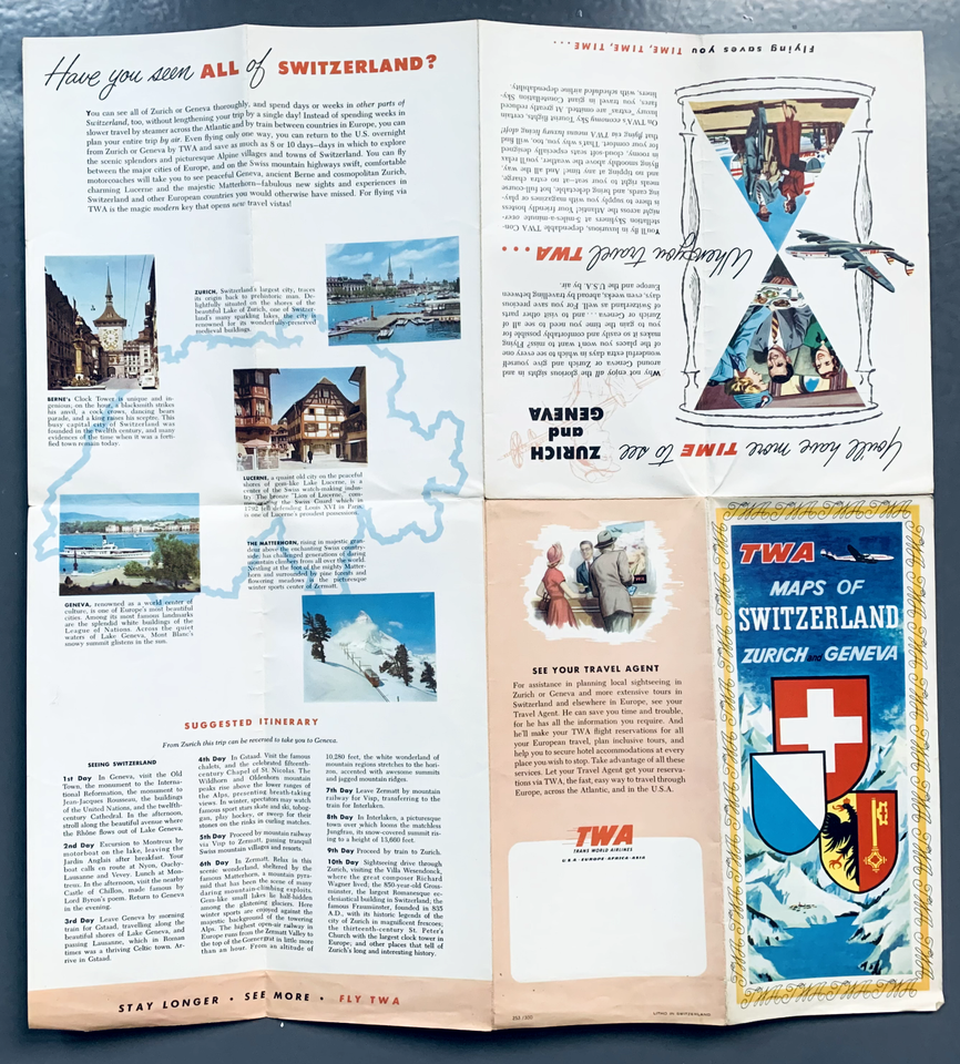 c1953 TWA TRANS WORLD AIRLINES vintage TRAVEL BROCHURE Zurich Geneva ...