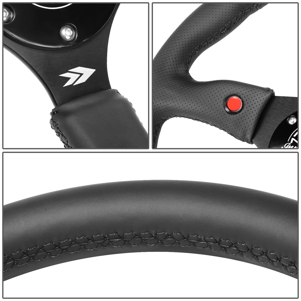 NRG RST-023D-R 350mm 2" Depth Dish 3-Spoke Black Leather Racing ...